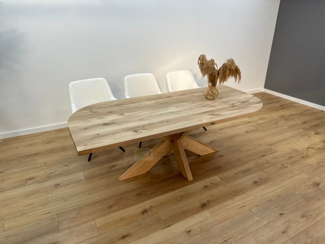 Eiken recht/rond tafel met Eiken onderstel 12x - Eco tafels