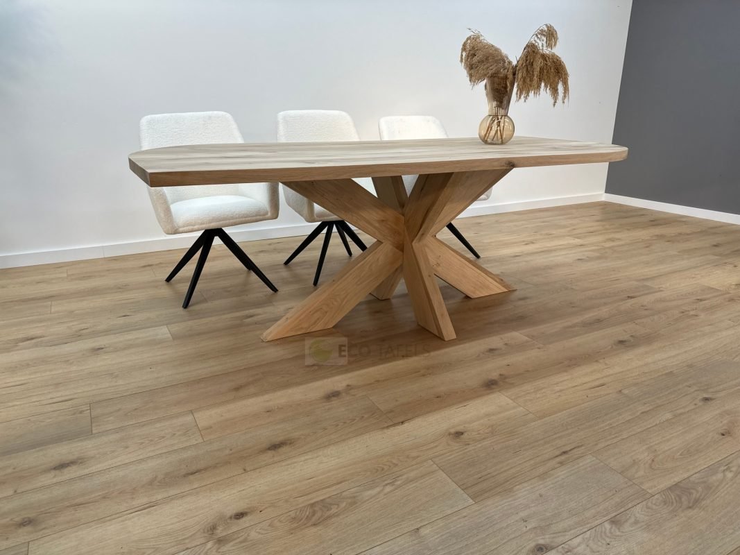 Eiken recht/rond tafel met Eiken onderstel 12x - Eco tafels